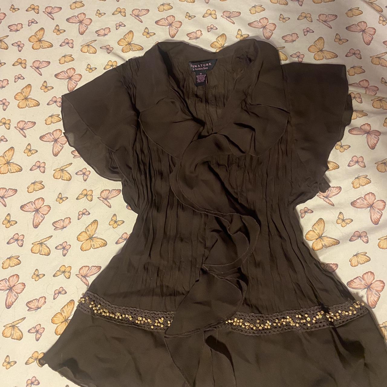 Brown y2k ruffle blouse top with beads and tie... | Depop