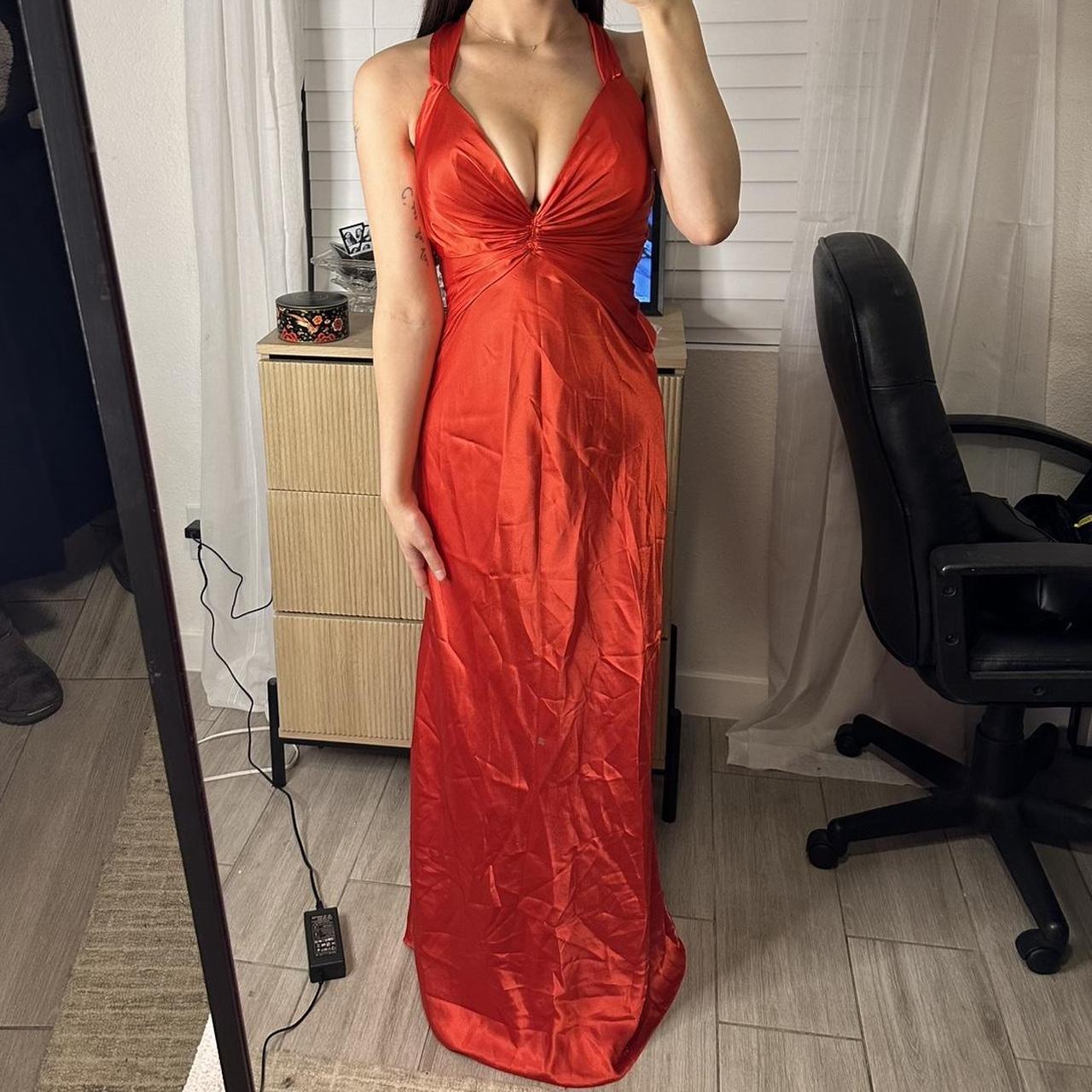 Vintage red satin halter dress with tie back and... | Depop