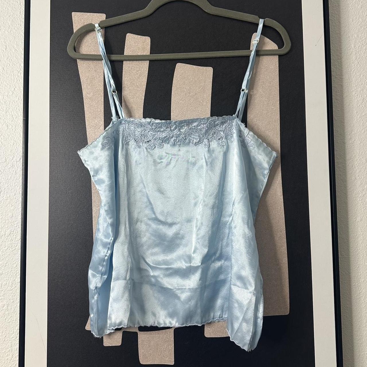 Baby blue satin cami with lace trim and adjustable... | Depop
