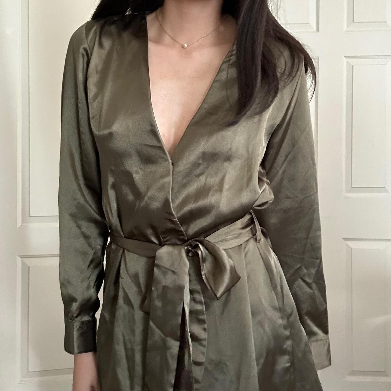 satin olive night robe satin belt & hook-and-eye... - Depop