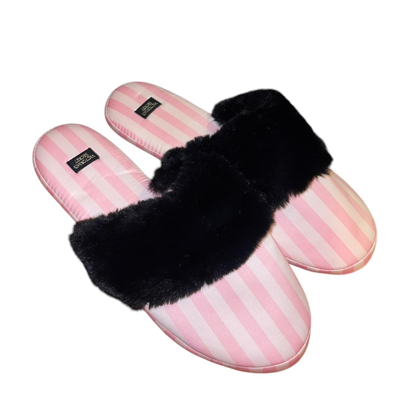 Pink and White Striped Victoria's Secret Slippers Sz... - Depop