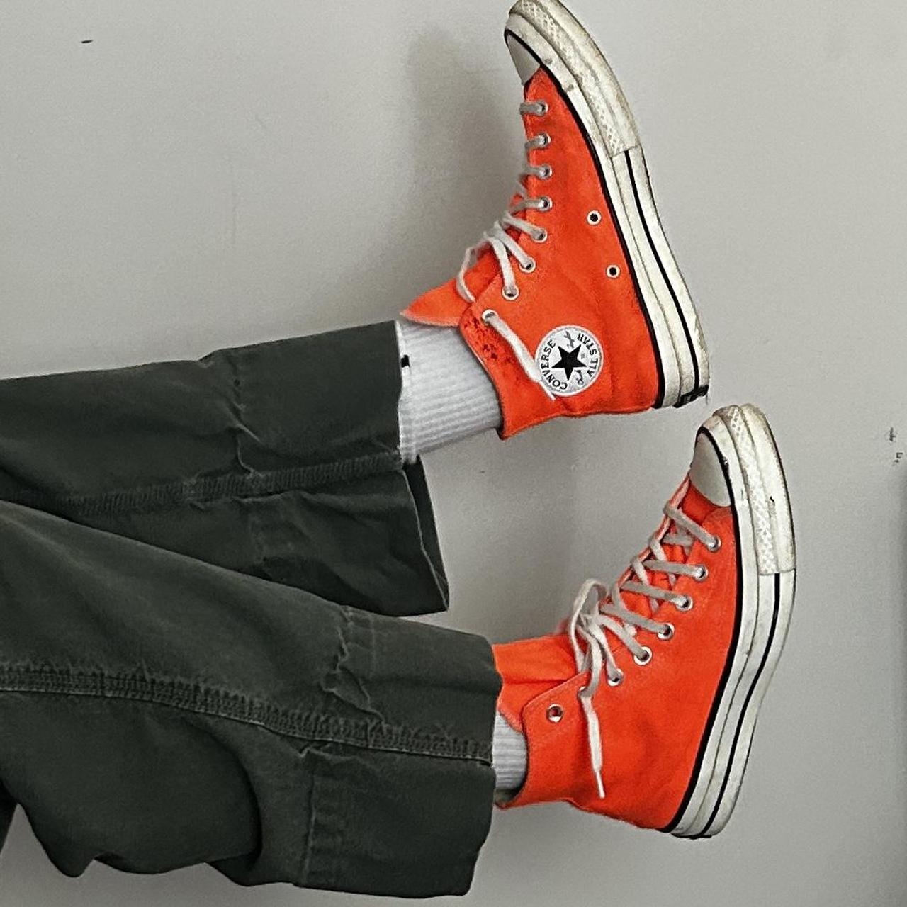 Bright orange chuck taylor converse high Size:... - Depop