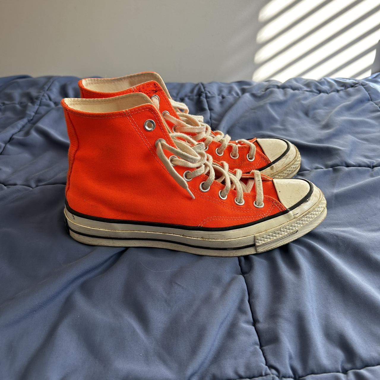 Bright orange chuck taylor converse high Size:... - Depop