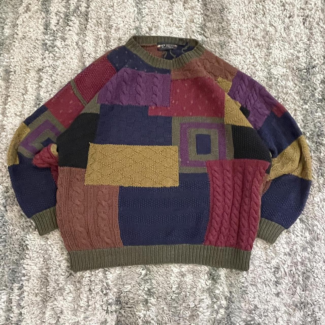 Vintage 90's Cable 3D Knit Colorblock Multicolor... | Depop
