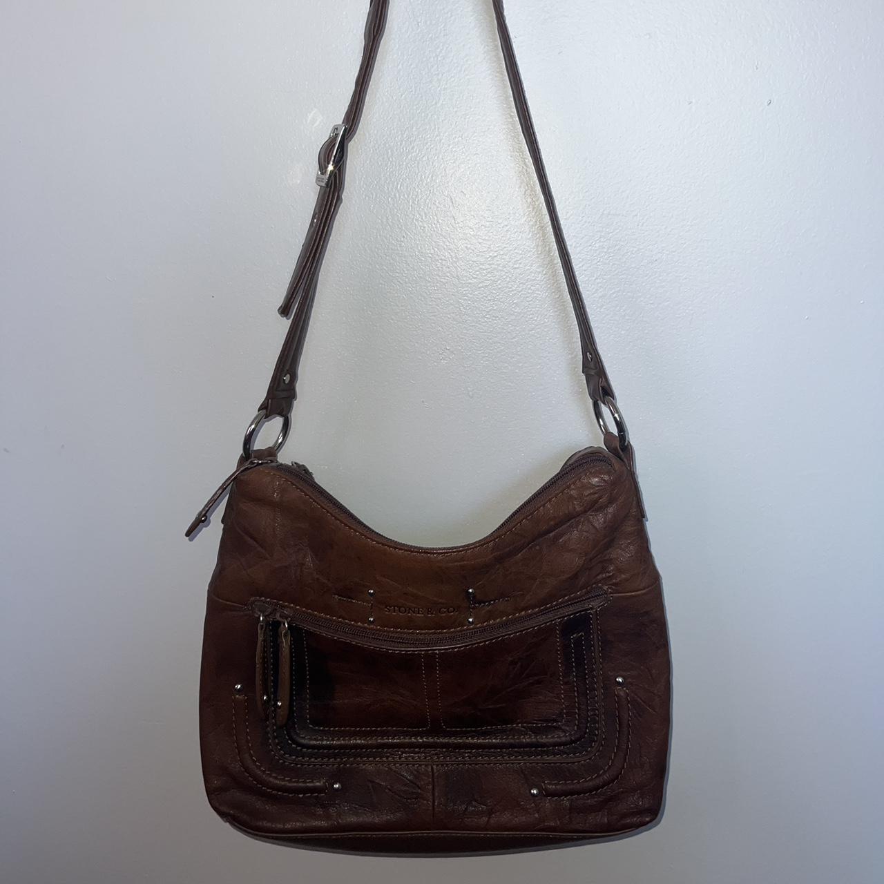 Brown leather shoulder bag with adjustable straps... - Depop