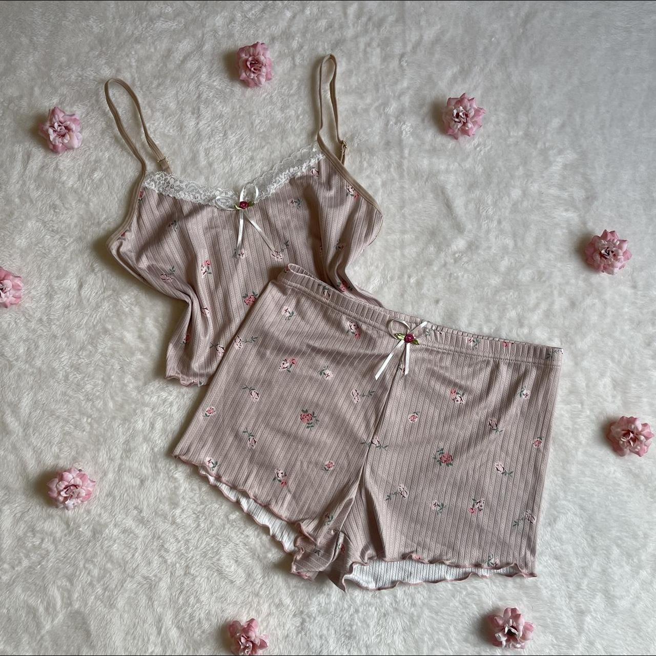 coquette brown floral lace rosebud pajama set... - Depop