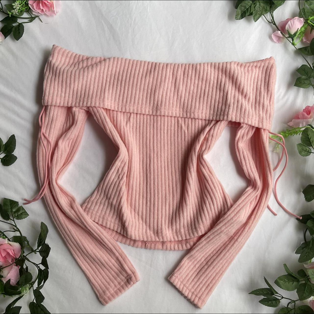 baby pink off the shoulder button up long sleeve top... - Depop