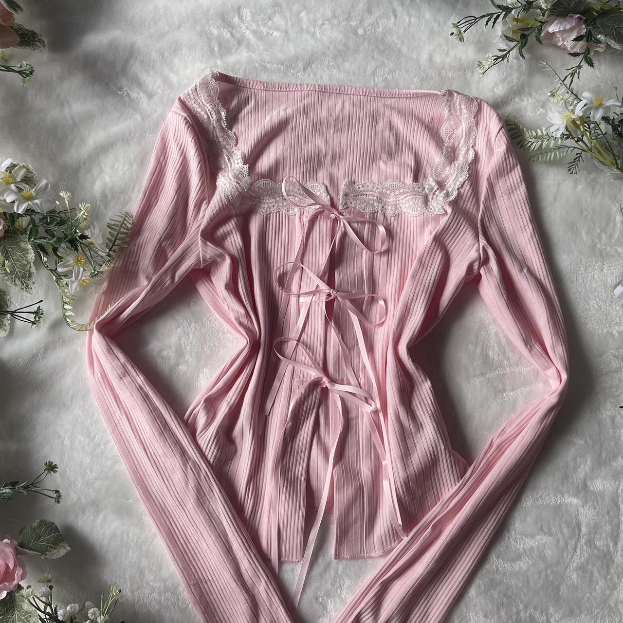 balletcore baby pink & white lace tie front long... - Depop