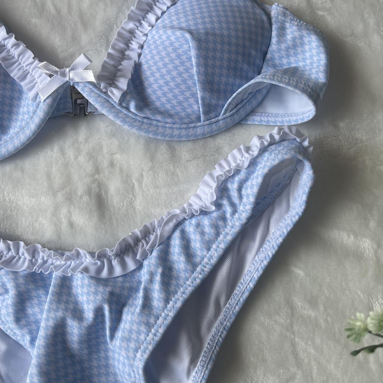 baby blue & white gingham ruffle bikini set 🦢... - Depop