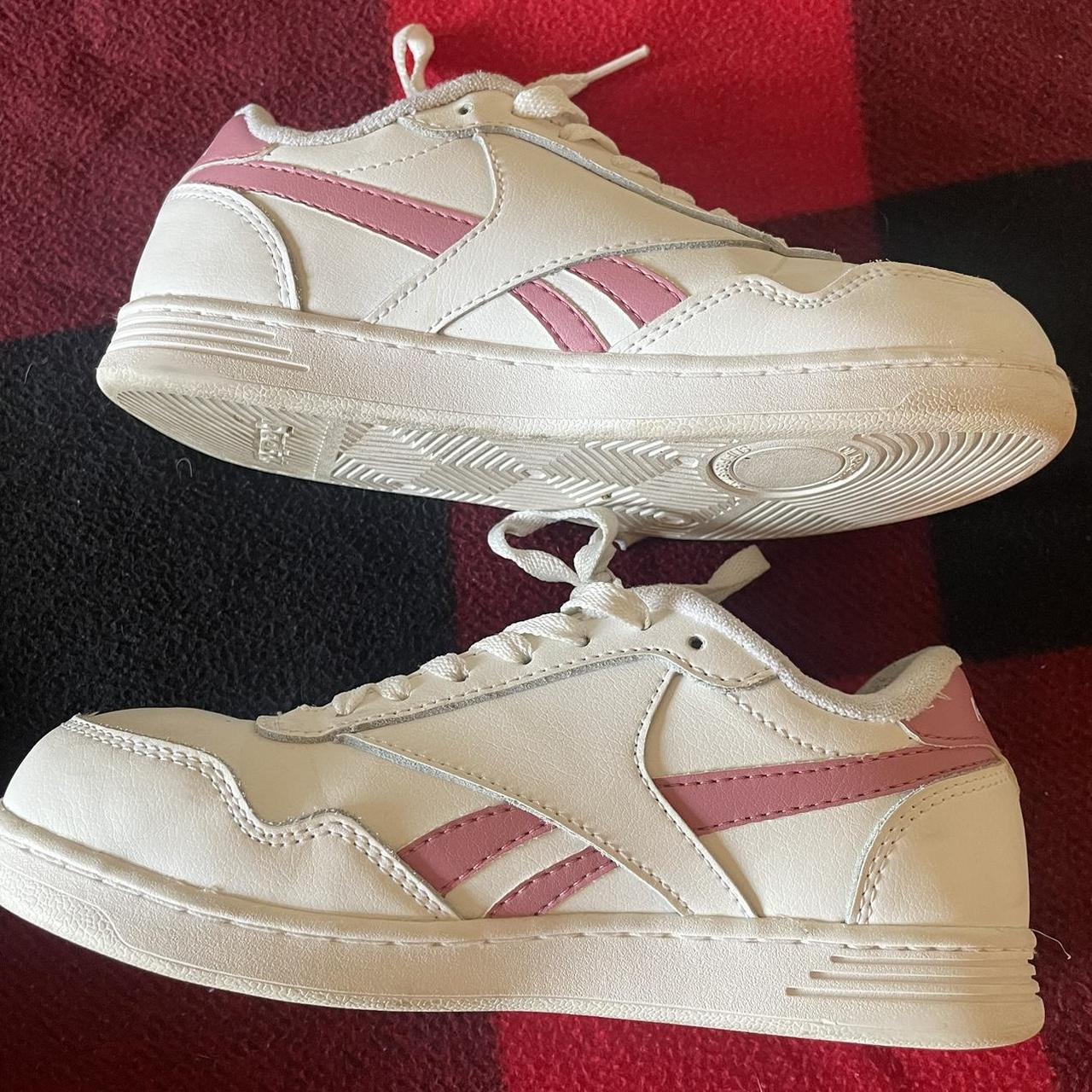 white and pink striped reebok club c double... - Depop