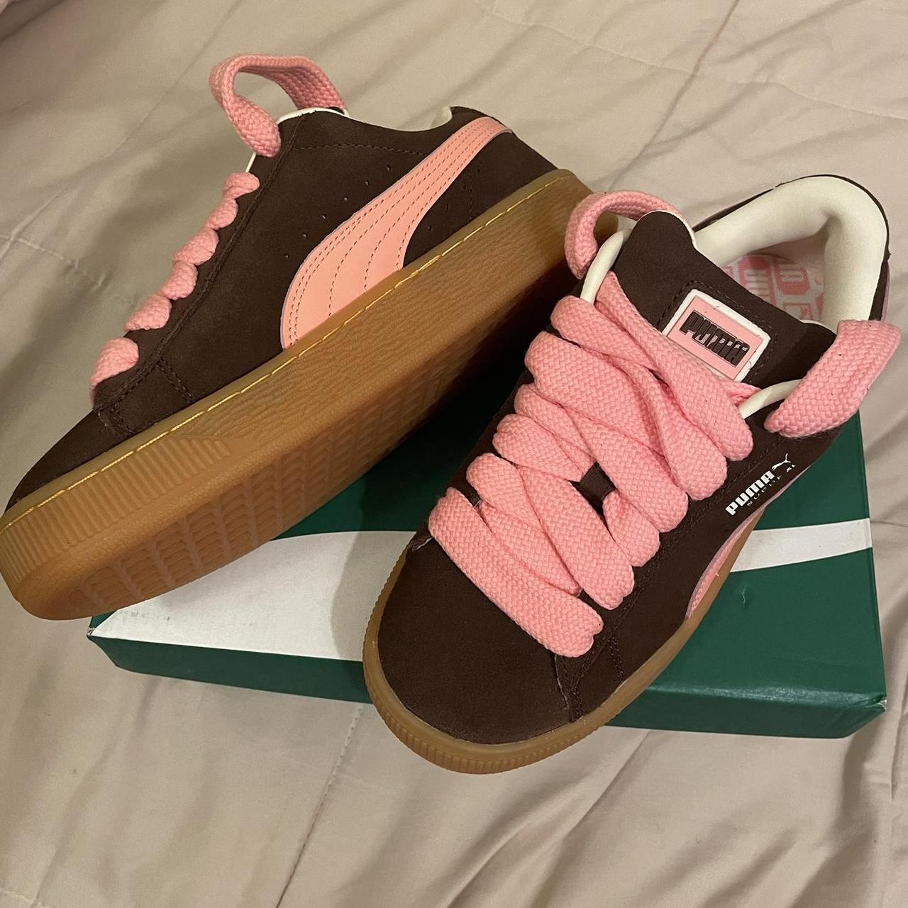 NWT pink and brown puma suede XL y2k style sneakers!... - Depop