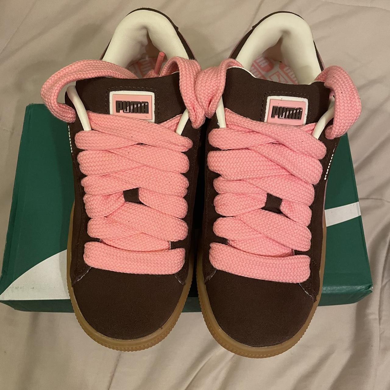 NWT pink and brown puma suede XL y2k style sneakers!... - Depop