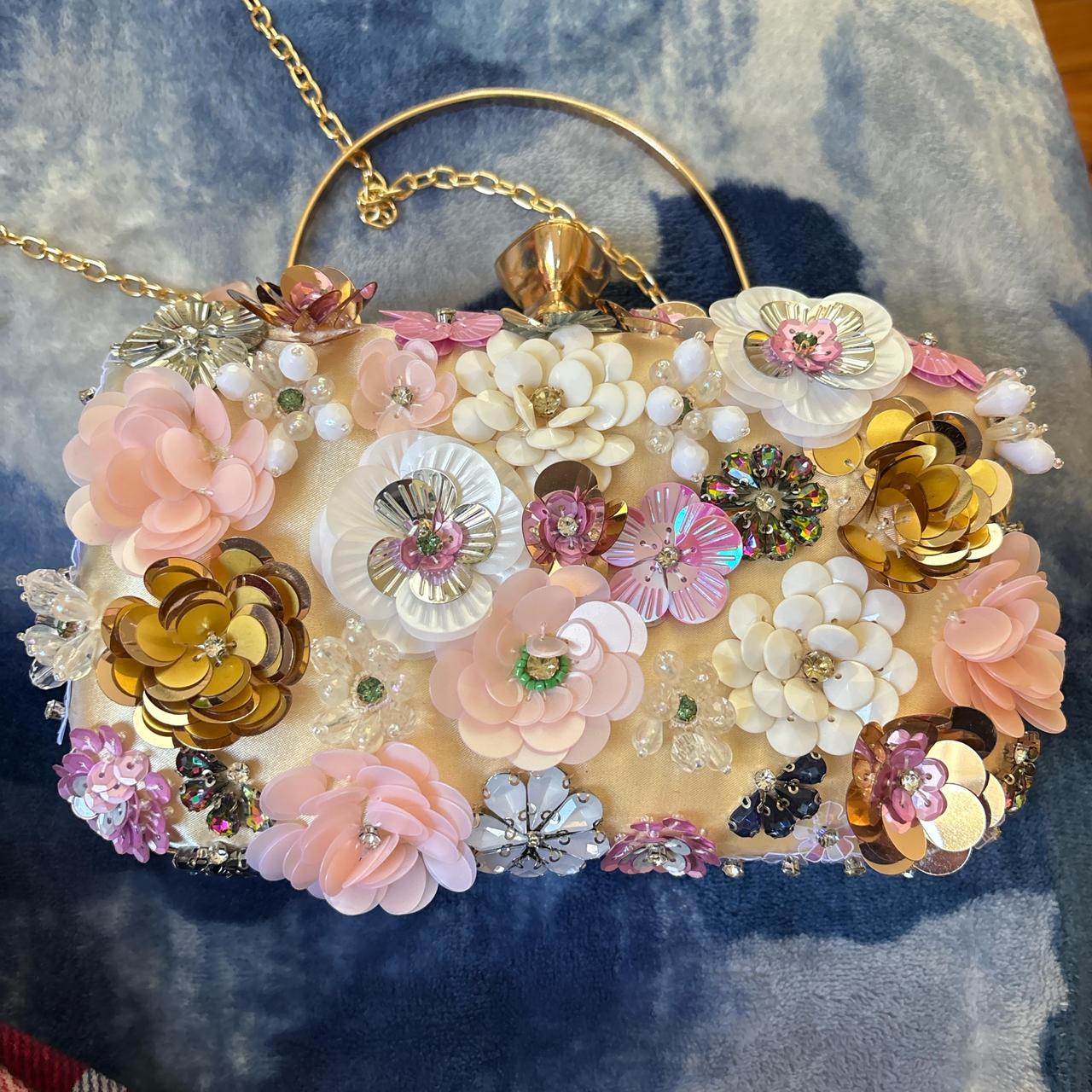 Gold and pink beaded clutch bag with a touch of... - Depop