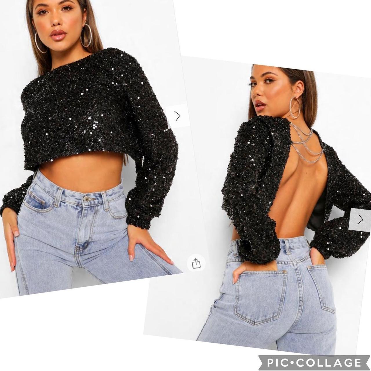 BLACK SEQUIN CHAIN BACK DETAIL LONG SLEEVE TOP from... - Depop