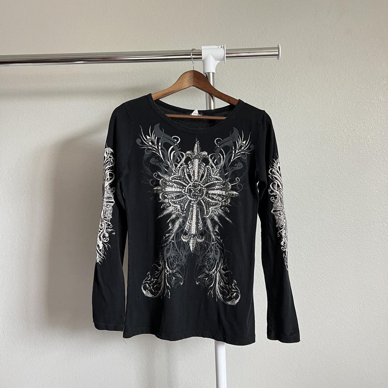 Y2K Goth Cross Long Sleeve no flaws bedazzled... - Depop