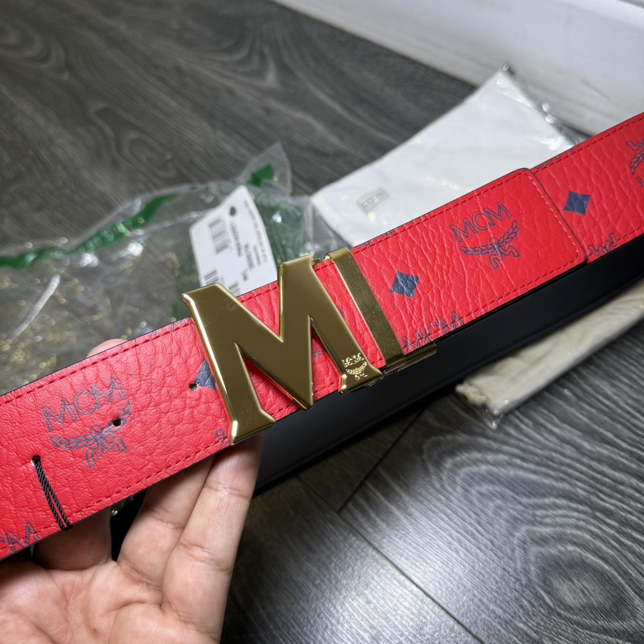MCM Men’s Candy Red Belt Gold Buckle Size 120CM -... | Depop