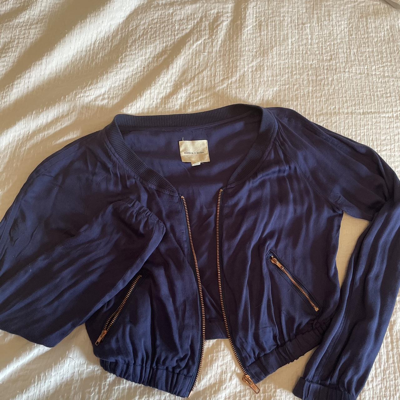 cropped lightweight navy blue jacket with copper... - Depop