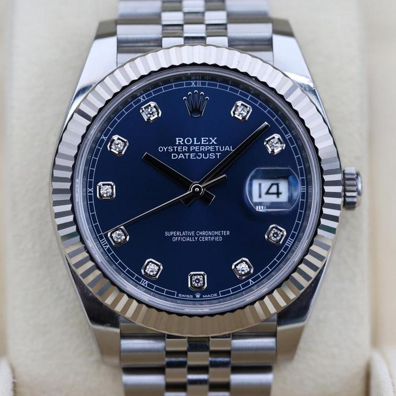 Wrist watch silver blue dial with box and papers - Depop