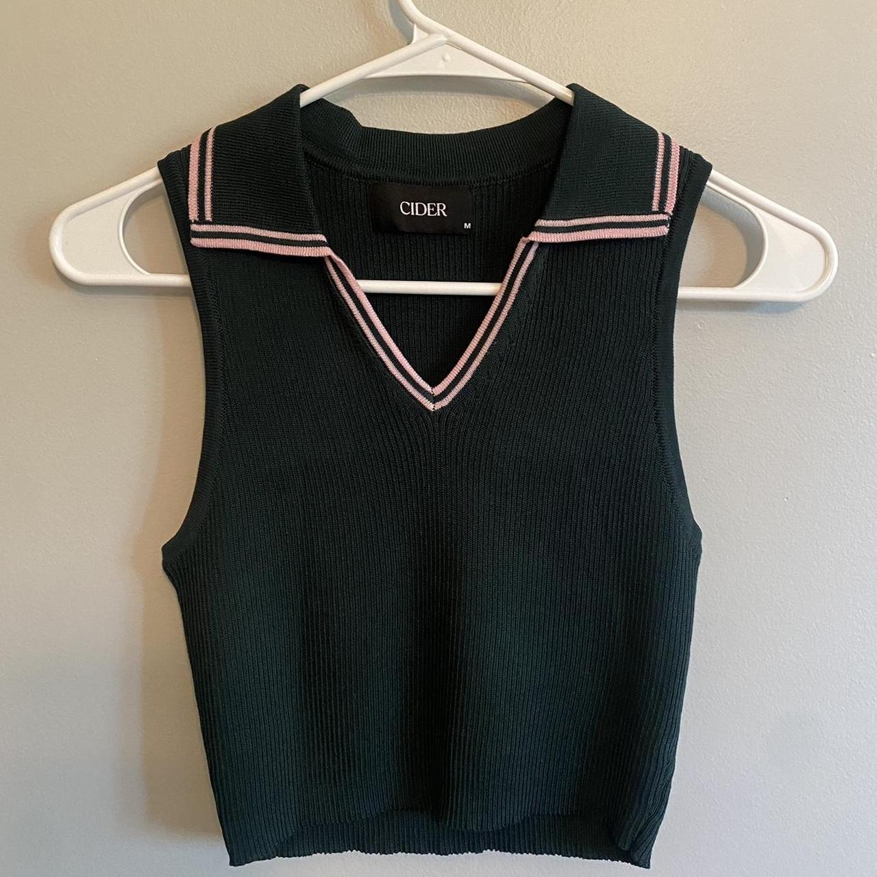 Dark green and pink lined collared CIDER top Size:... - Depop