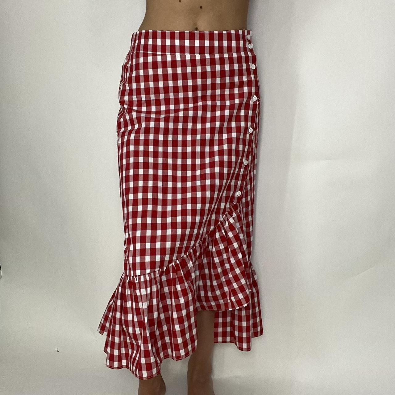 Stunning plaid red and white ruffle button midi... | Depop