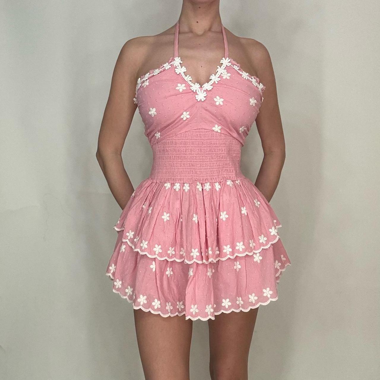 Loveshackfancy pink ruffle halter neck mini dress,... | Depop