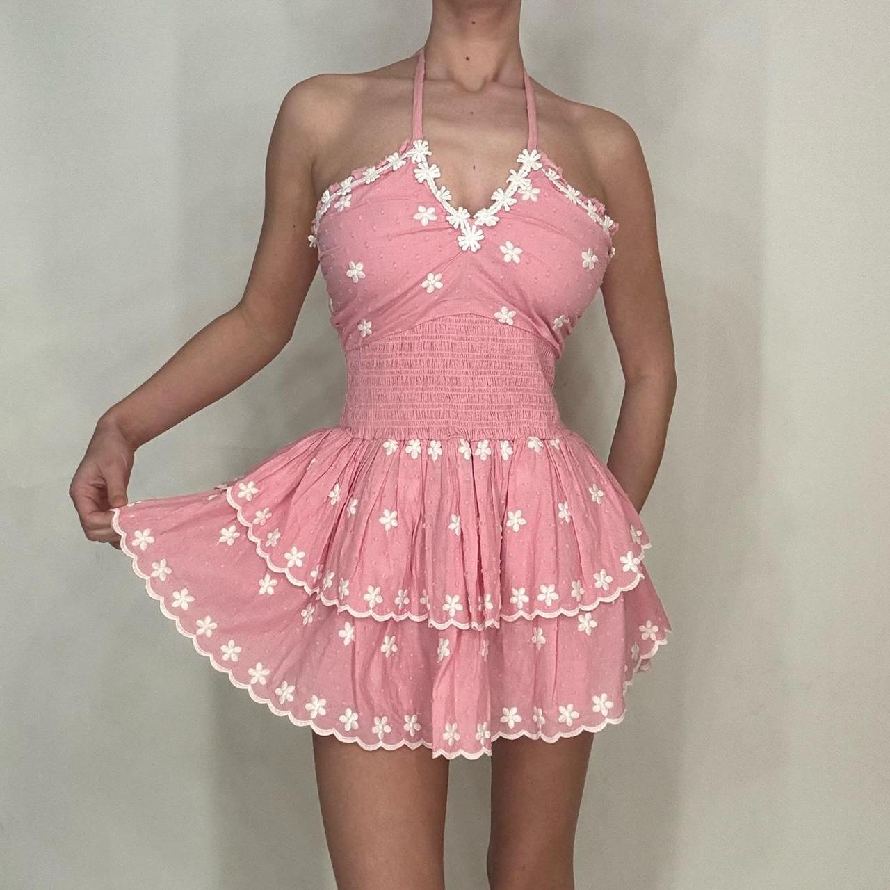 Loveshackfancy pink ruffle halter neck mini dress,... | Depop
