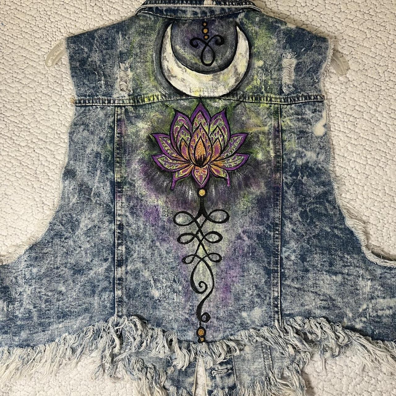 Lotus and moon painted distressed denim vest painted... - Depop