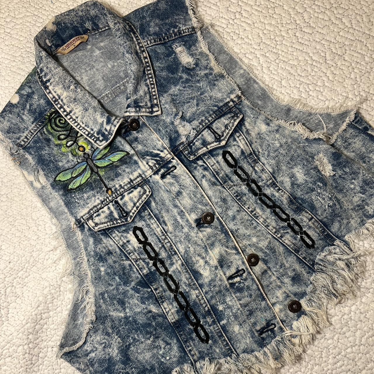Lotus and moon painted distressed denim vest painted... - Depop