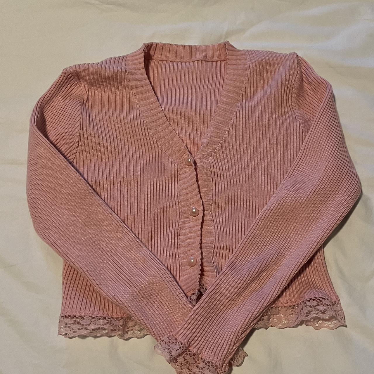 coquette and cute pink cardigan with lace frill and... - Depop