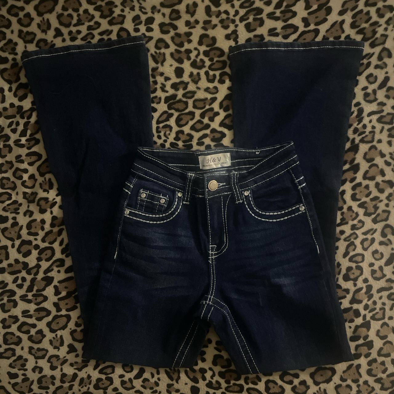 blue low rise rhinestone flare jeans with white... | Depop