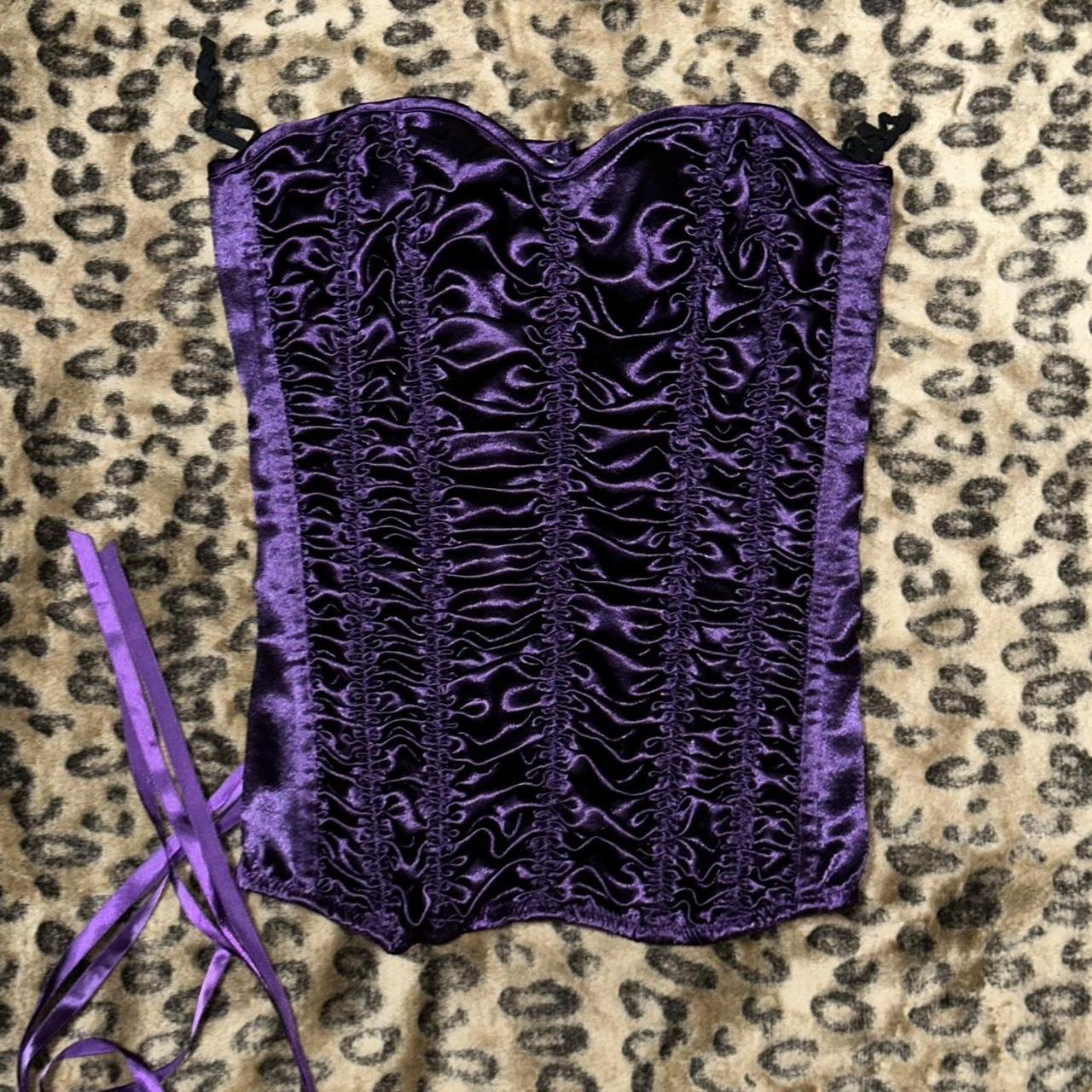 90s purple corset top with lace up back and ruffled... - Depop