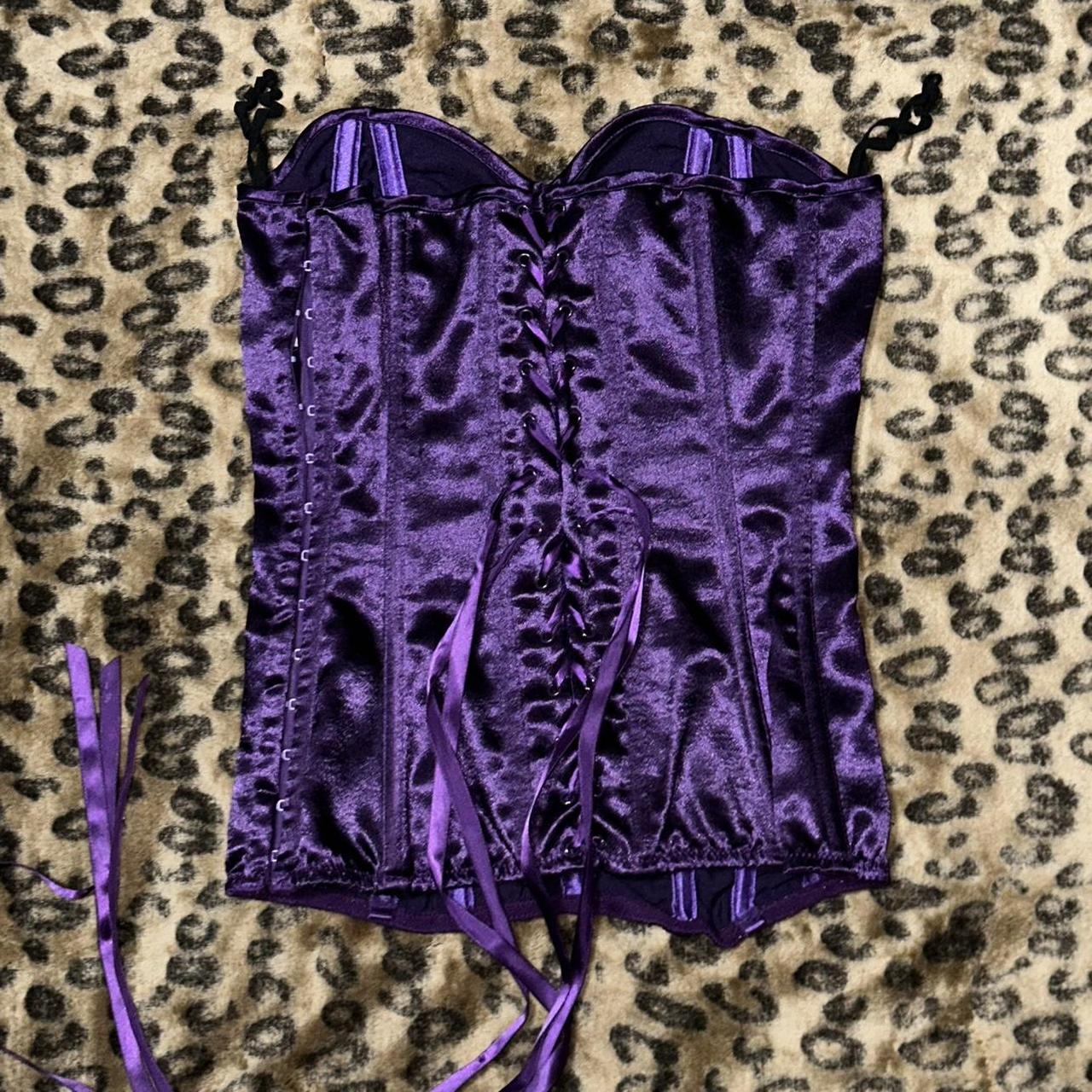 90s purple corset top with lace up back and ruffled... - Depop