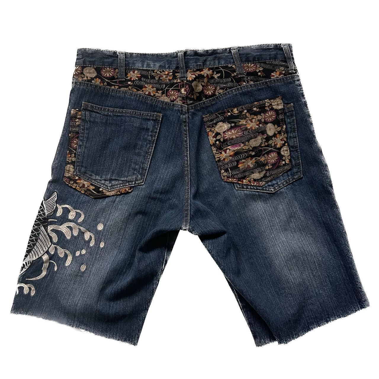 Embroidered koi fish Japanese denim jorts Jeans... - Depop