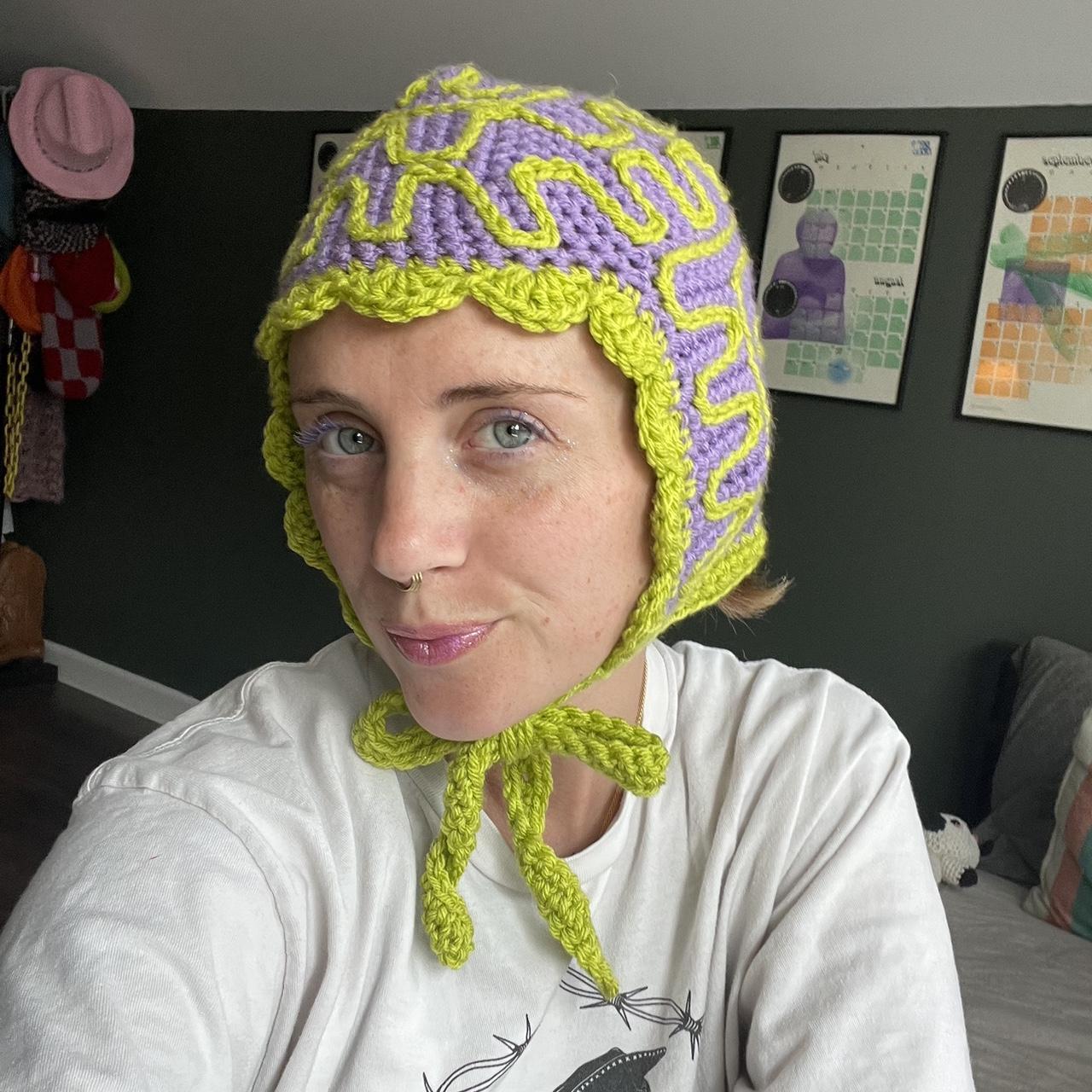 Purple and green SQUIGGLE crochet bonnet with a... - Depop