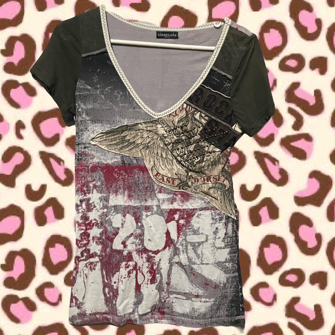 Grey and black Y2K grunge graphic tee with skulls... | Depop