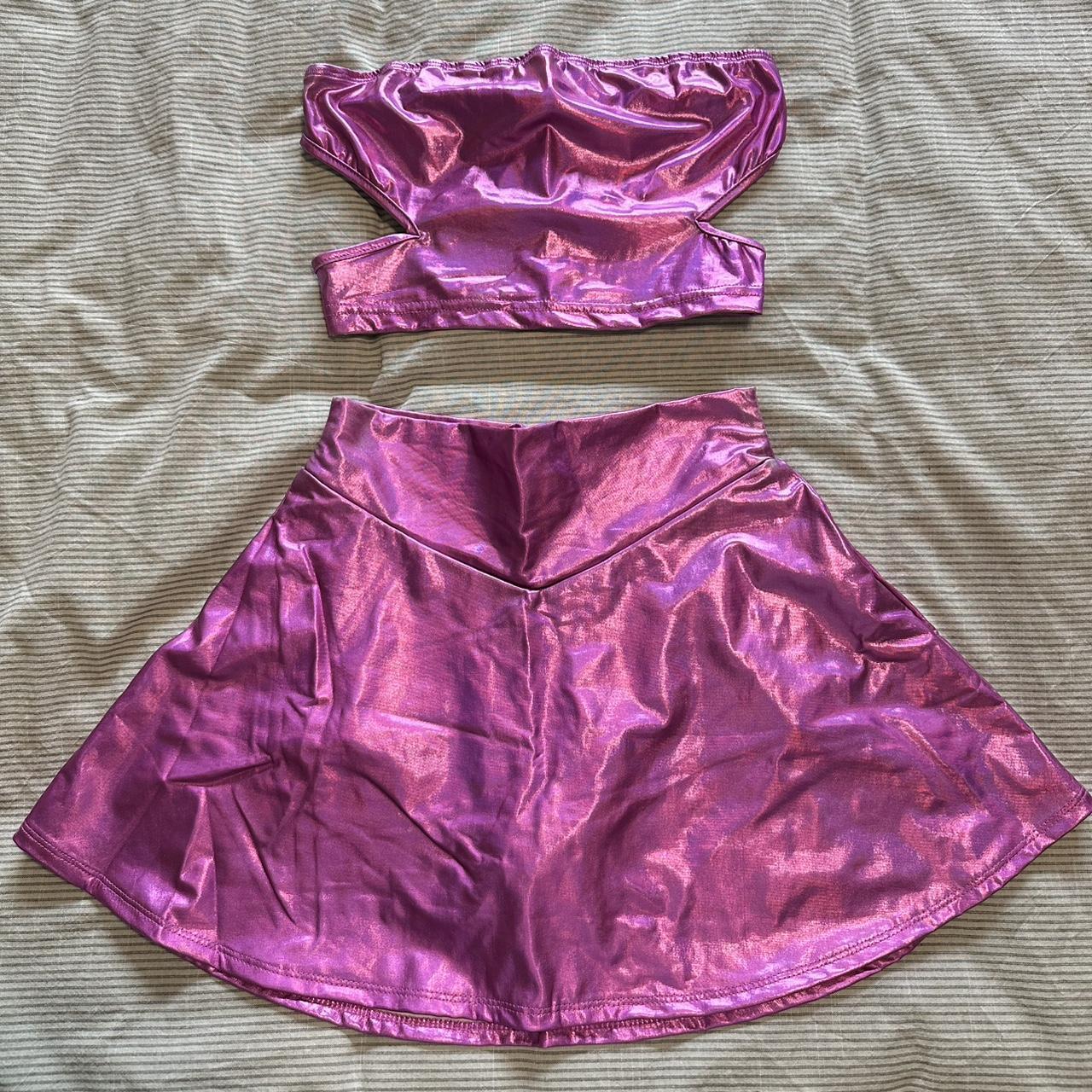 Pink metallic two-piece set - perfect for raves and... - Depop