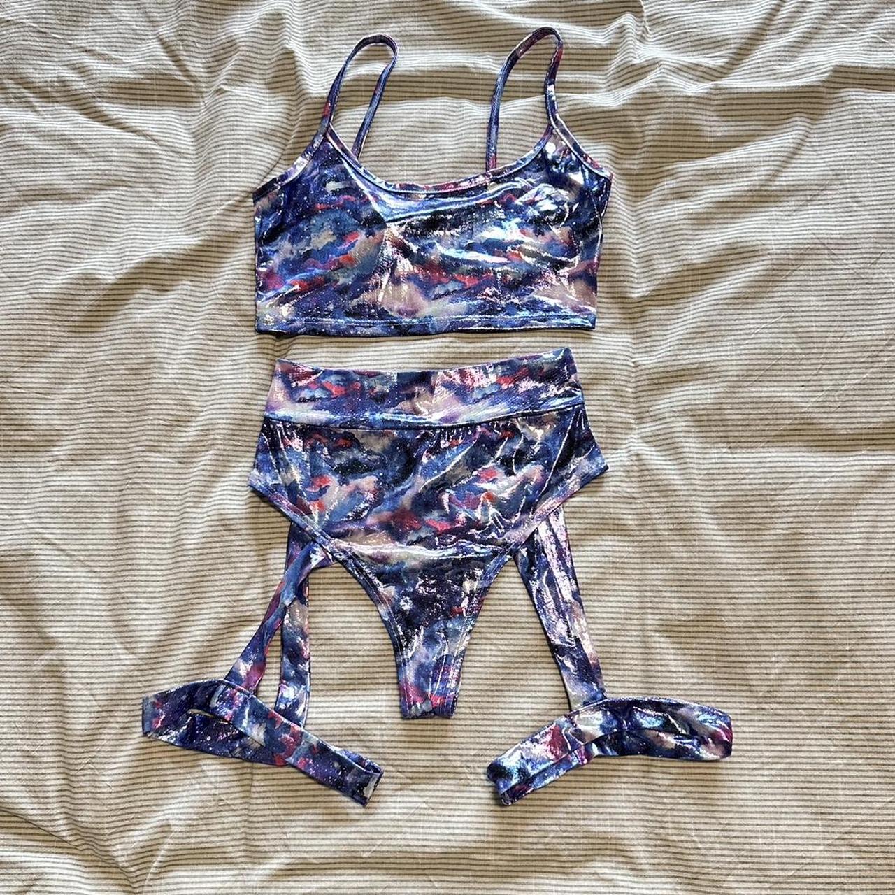Purple haze galaxy print crop top and bottoms set... | Depop