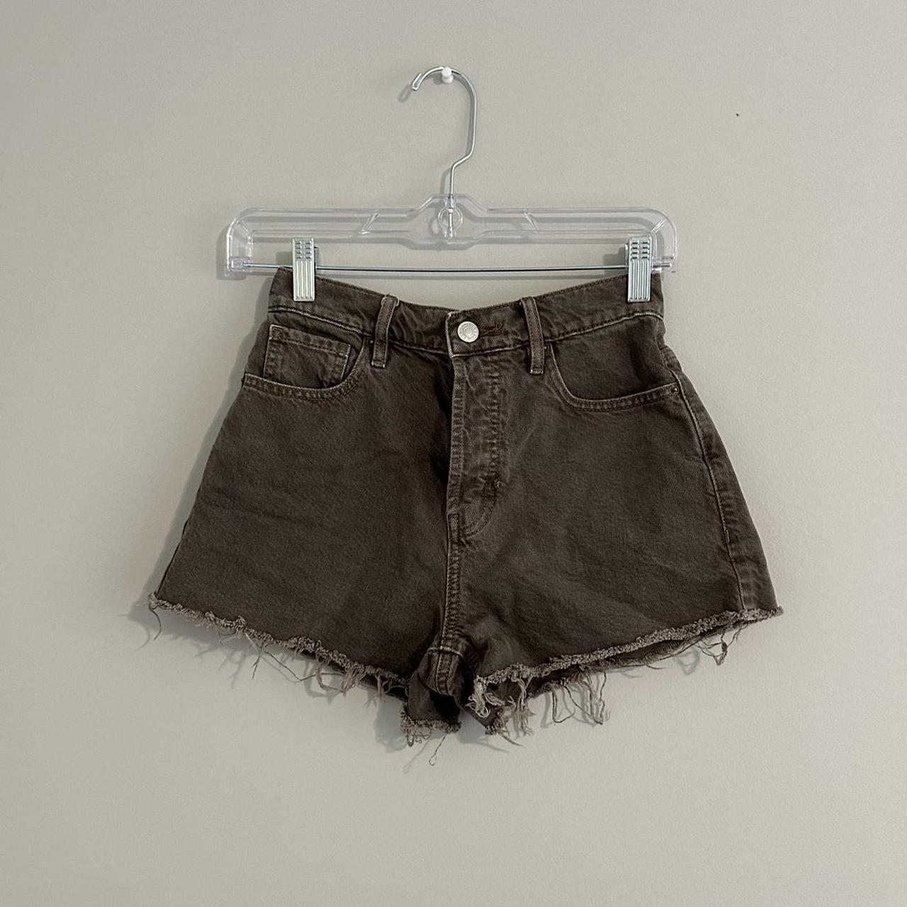 Brown distressed vintage high rise denim shorts with... - Depop