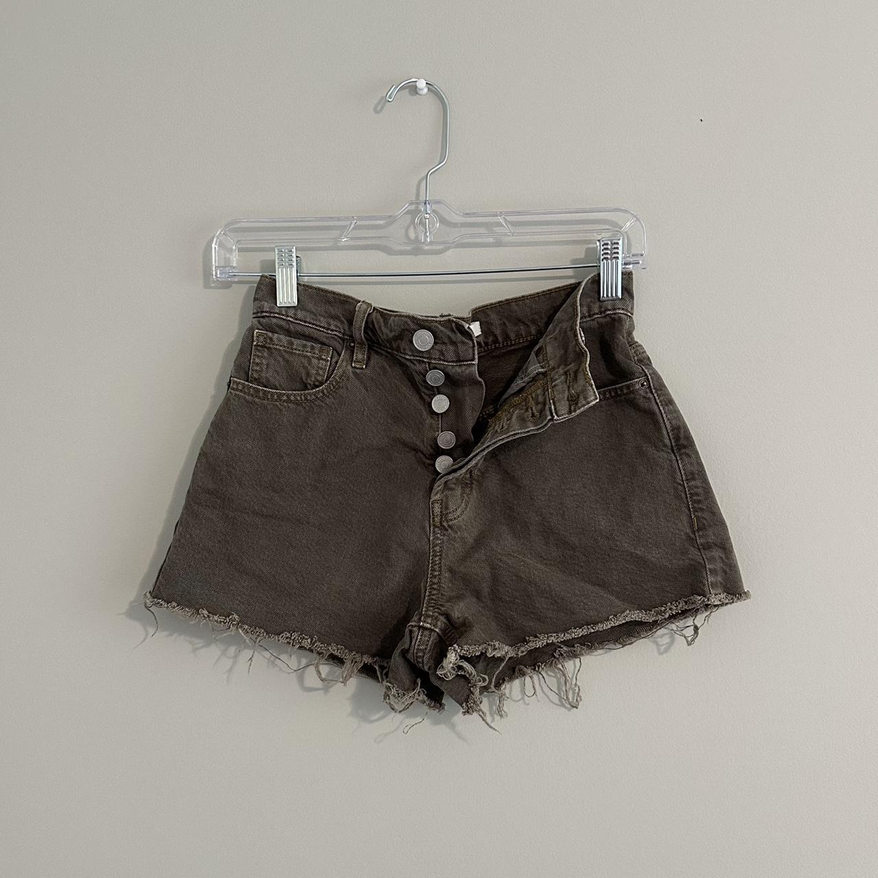 Brown distressed vintage high rise denim shorts with... - Depop