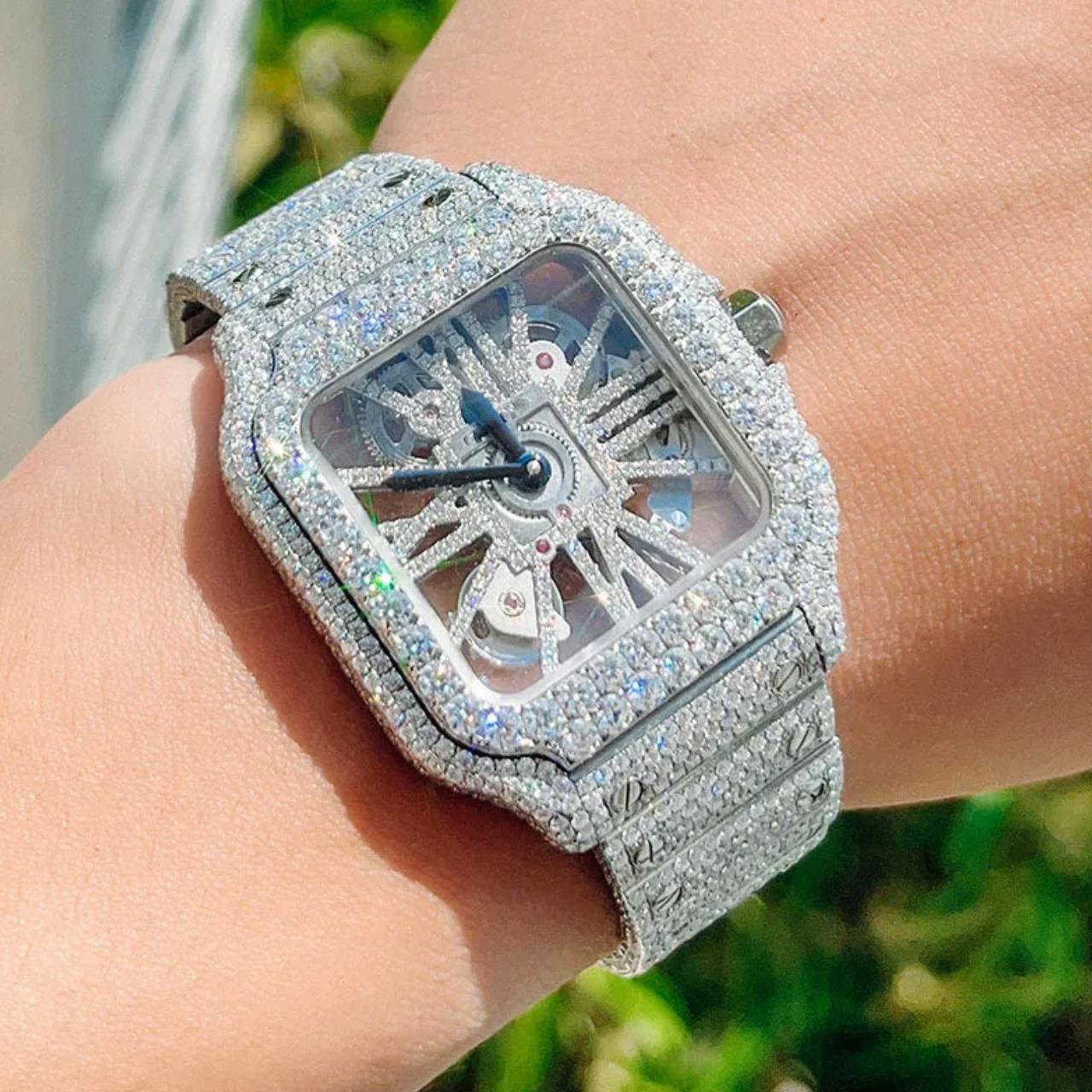 Pave Moissanite Dials Diamond Accent Watch Silver... | Depop