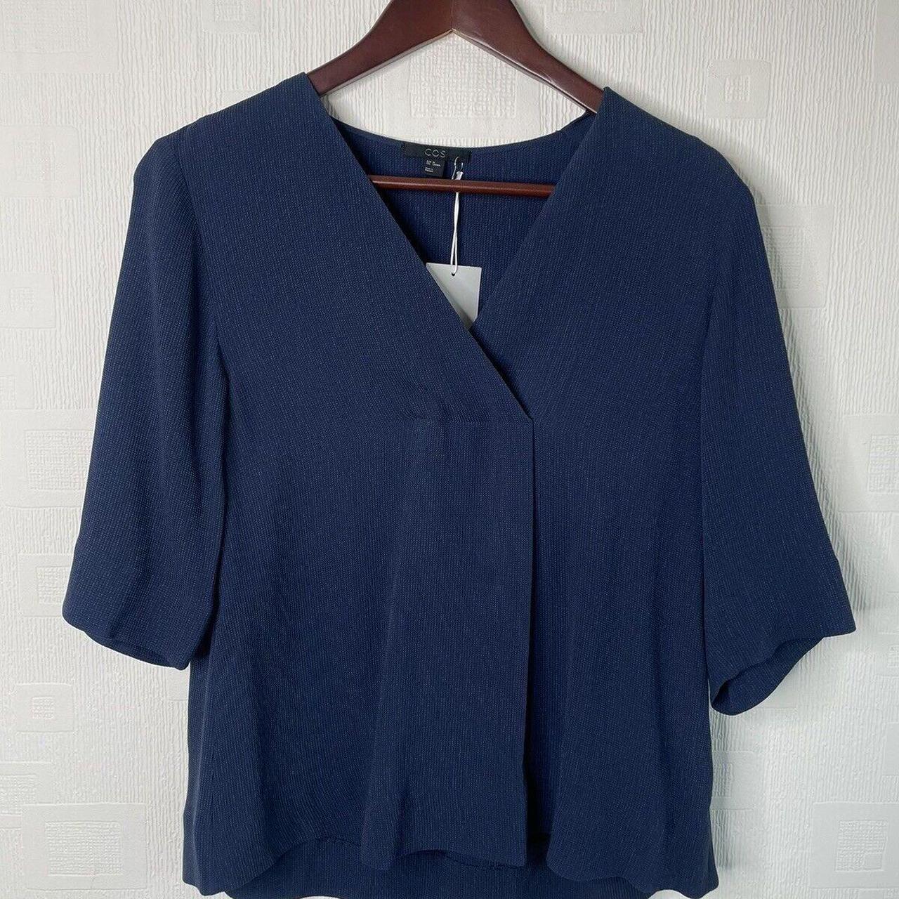 COS Cupro Blouse Top Navy Blue Faux Wrap Front Half... - Depop