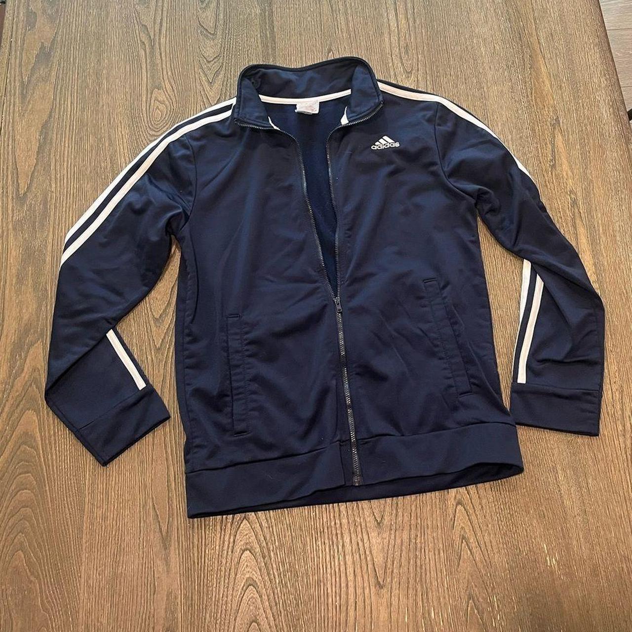 Adidas Track Jacket Navy blue with white stripes... - Depop