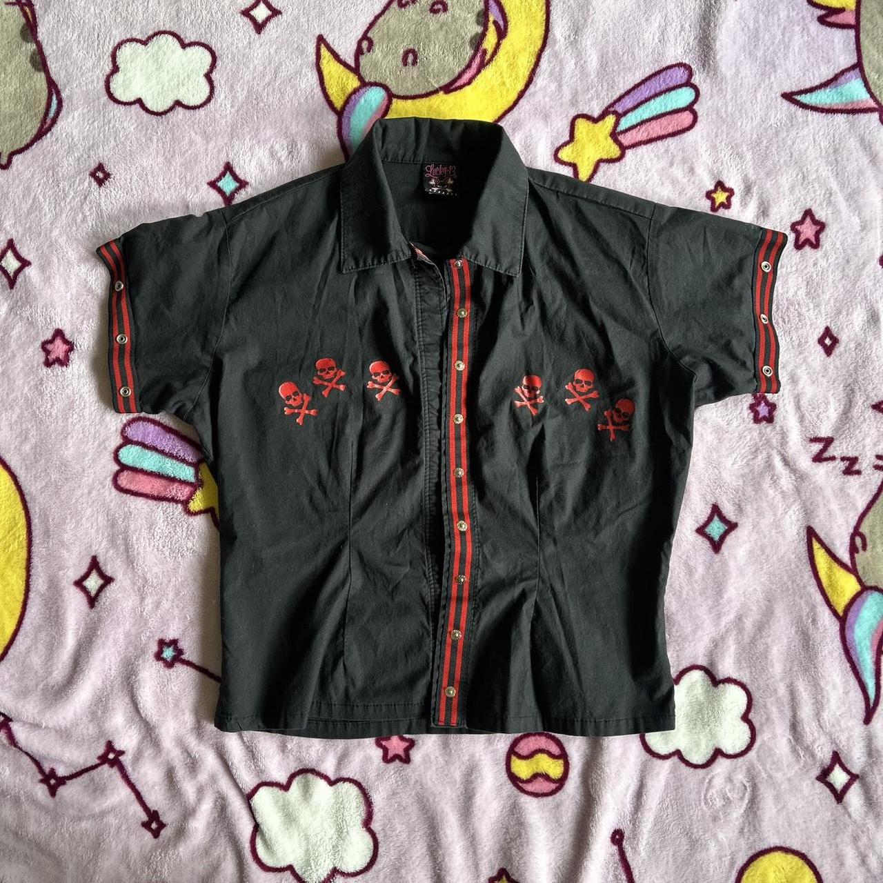 Insanely rare vintage black and red skull button-up... | Depop