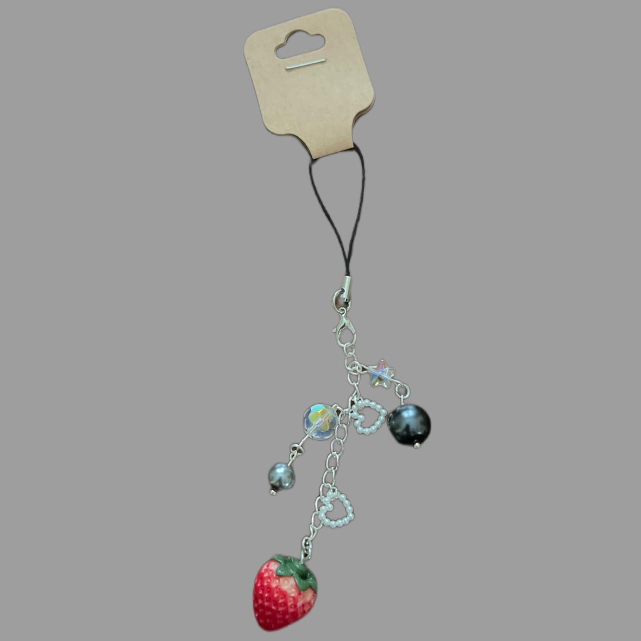 ⇢ mixed beaded strawberry phone charm • handmade... - Depop