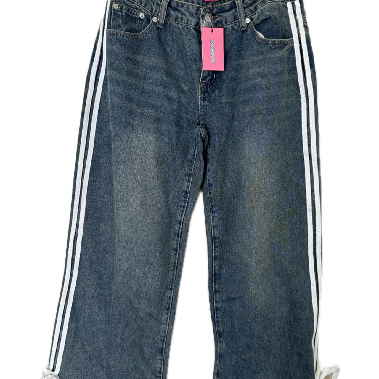 Edikted Jeans with White Varsity Stripes and Ribbon... - Depop