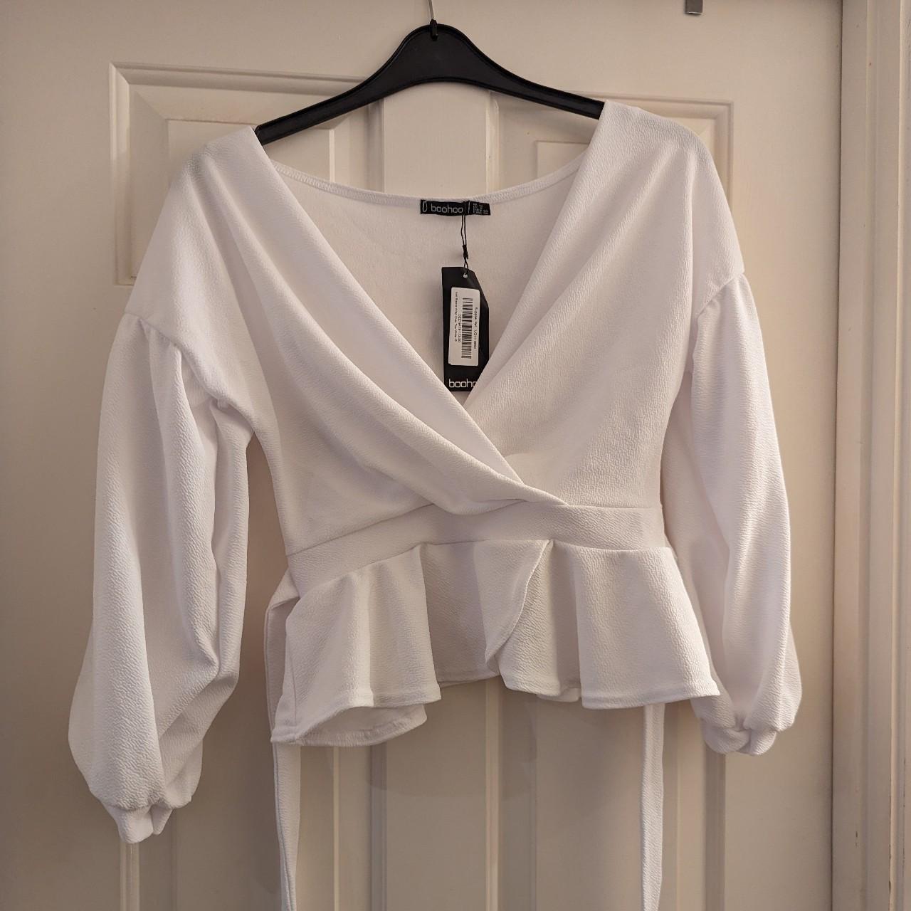 Bell sleeve wrap over top Blouse White Boohoo... - Depop