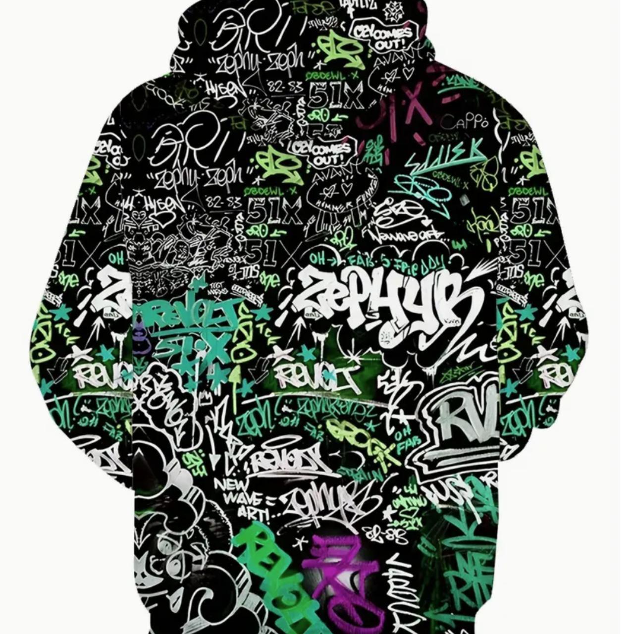 graphic designed hoodie with graffiti writing all over - Depop