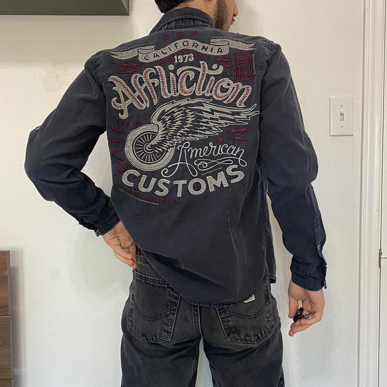 90s grunge Affliction button up embroidered... - Depop