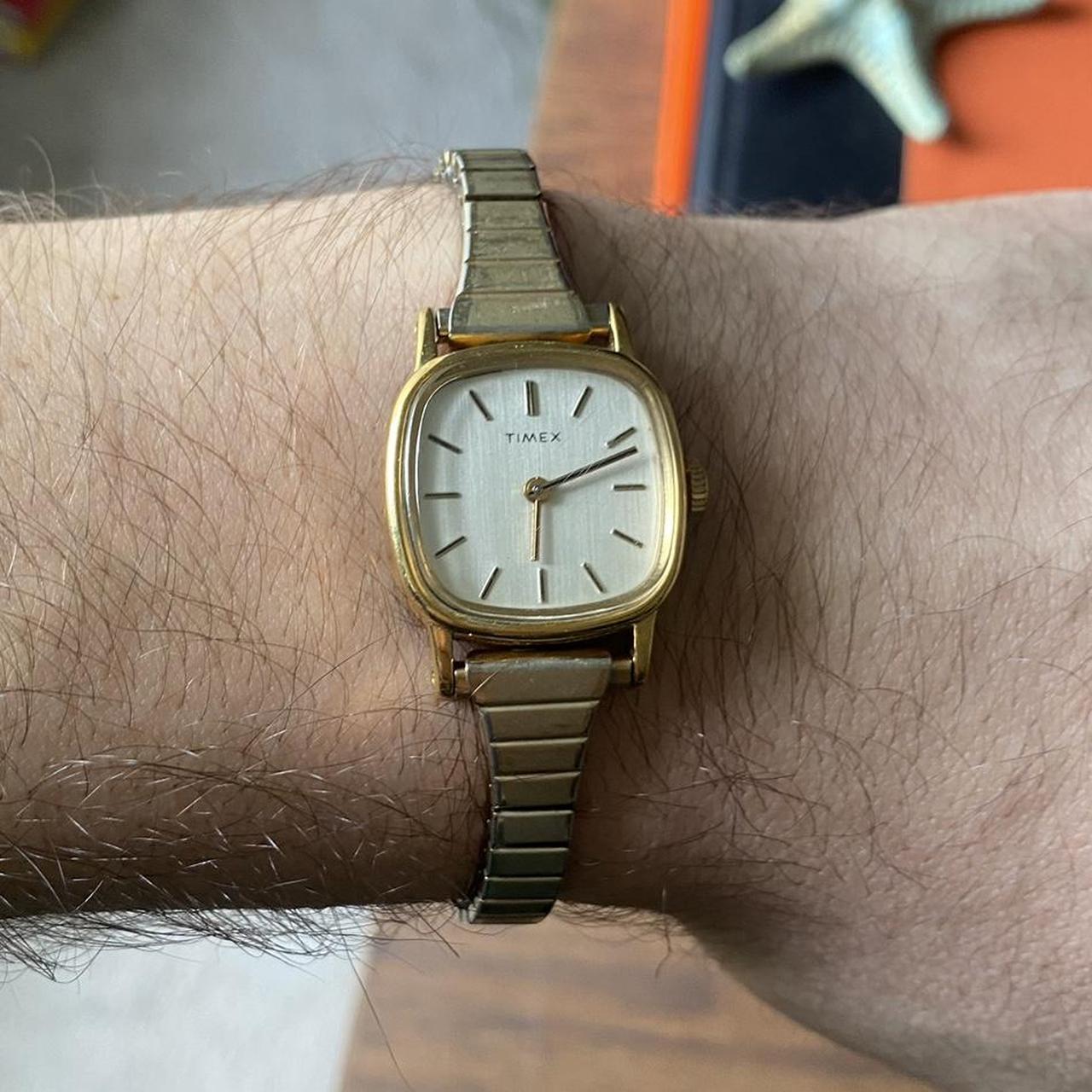 gold square face retro watch stretchy metal... - Depop