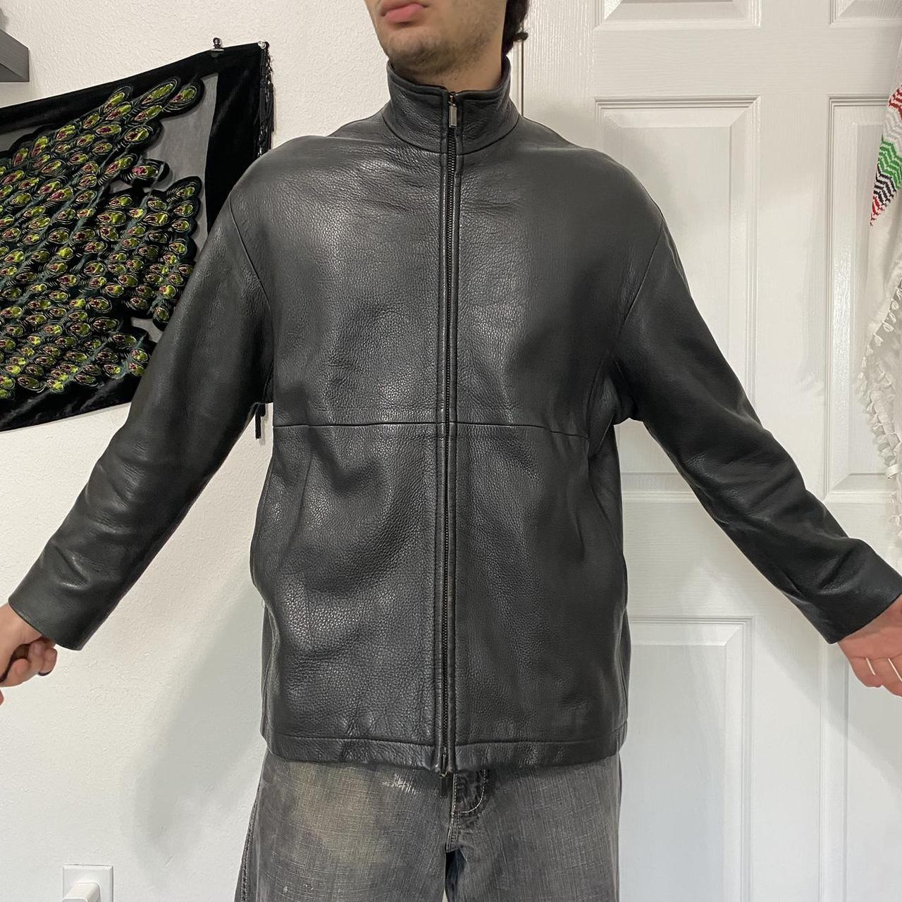 90s straight fit black leather jacket pockets lining... - Depop